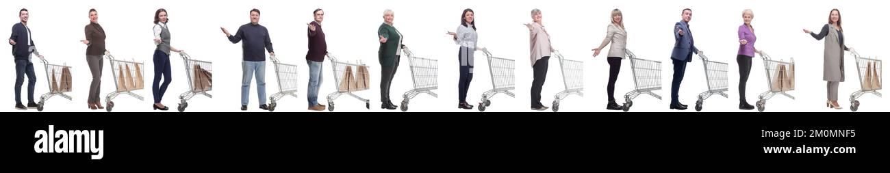group of people with shopping cart on white Stock Photo - Alamy