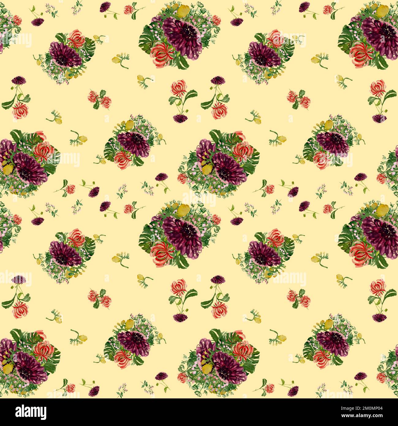 Dahlia palm leaf flower yellow pattern watercolor Stock Photo - Alamy