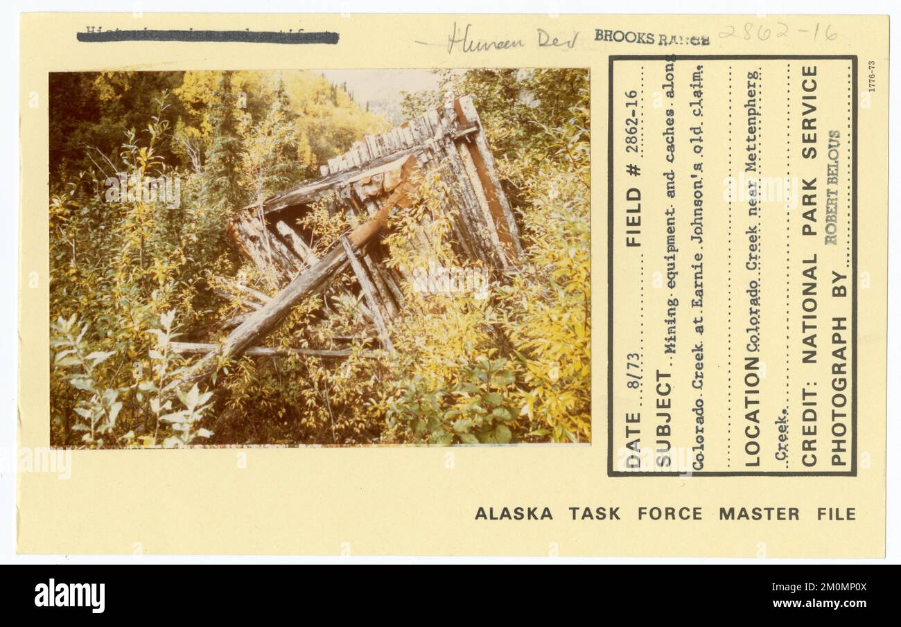 Mining equipment and caches along Colorado Creek at Earnie Johnson's ...