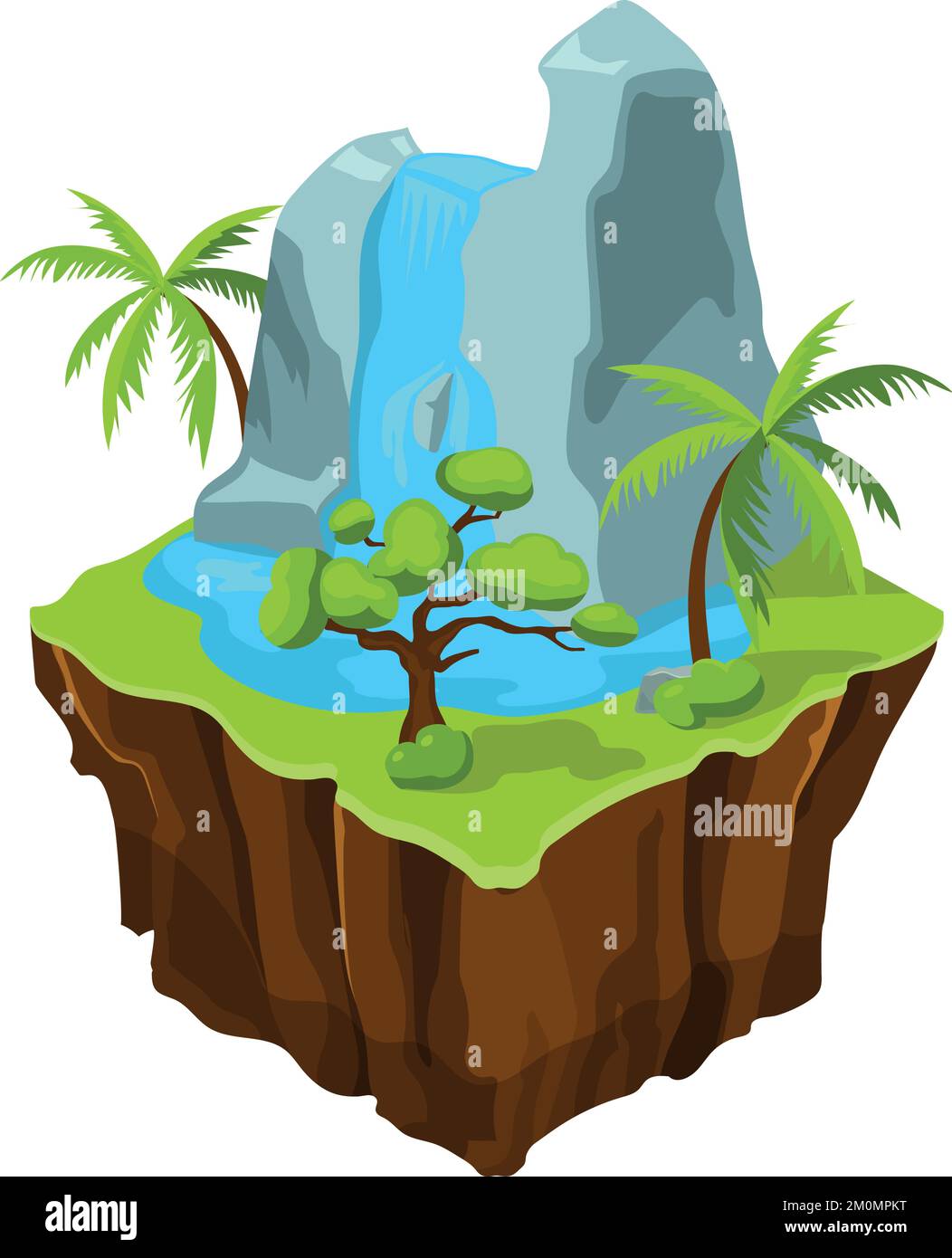 Isometric waterfall on flying island. Cartoon game location Stock ...