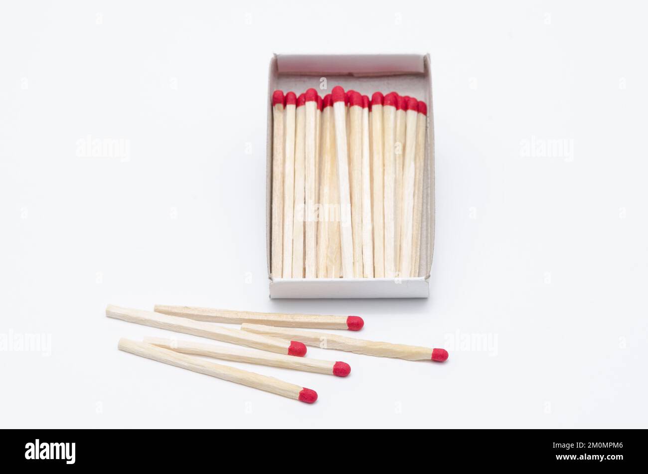 Set of new unlit matchsticks in a matchbox cardboard box on white ...
