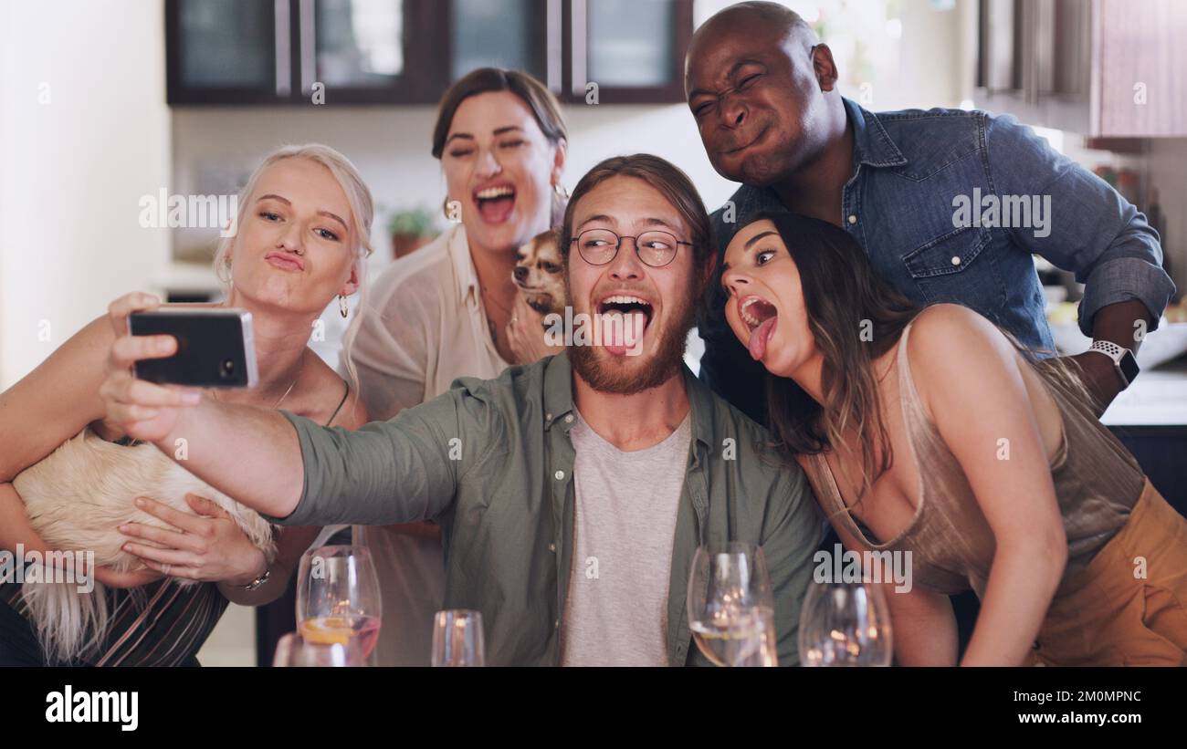 Friends, selfie and silly pose during dinner party at home to celebrate ...