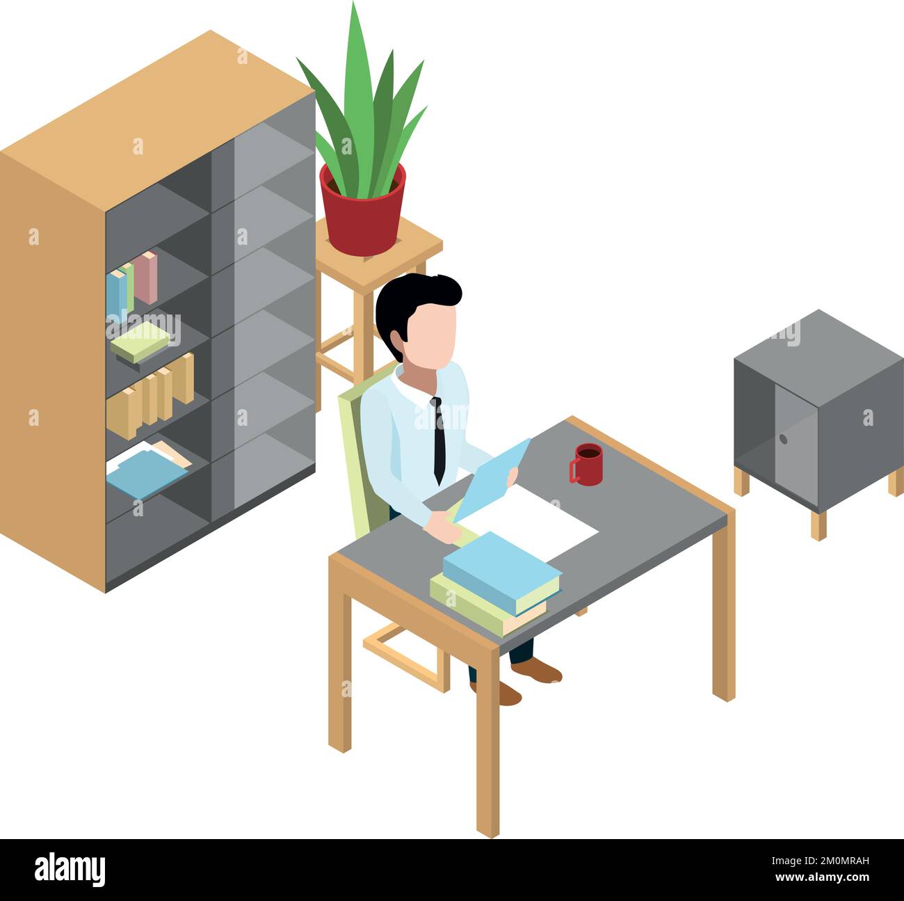 Isometric office workplace. Man working at desk with documents Stock ...