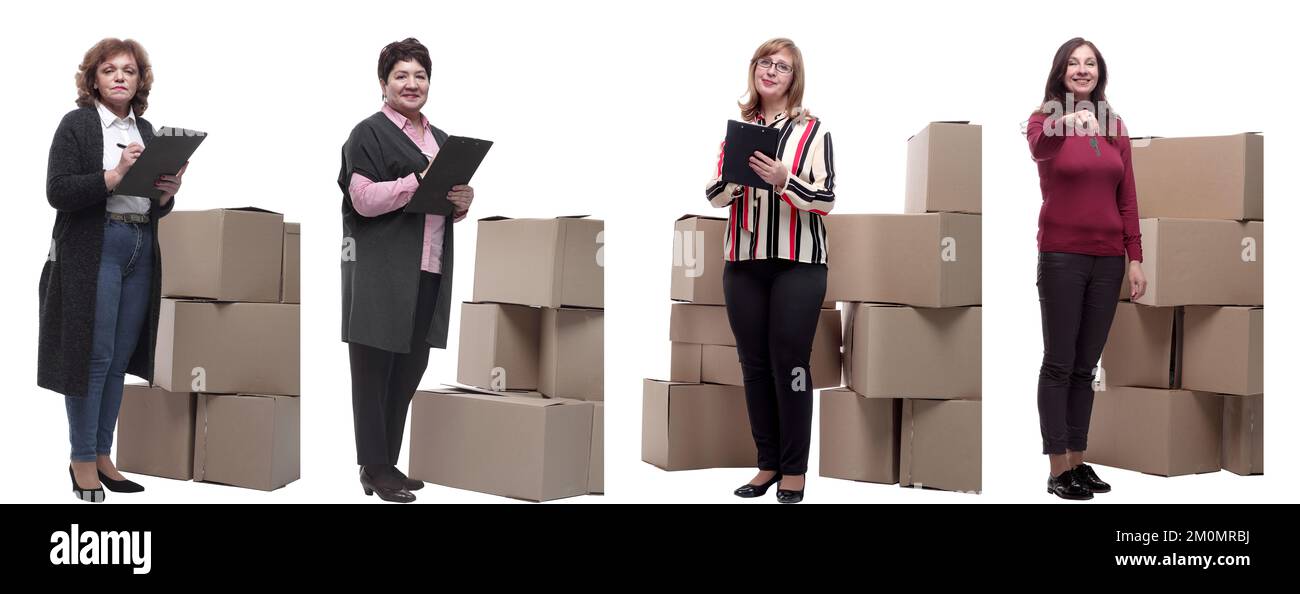 Collage of people lifting heavy cardboard box isolated Stock Photo - Alamy