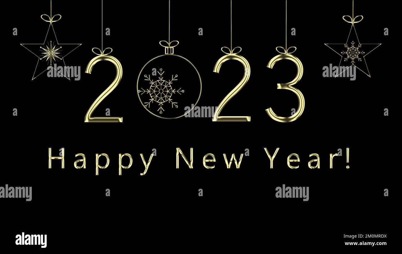 Gold Ornaments New Year 2023. New Year's greetings card with gold ...