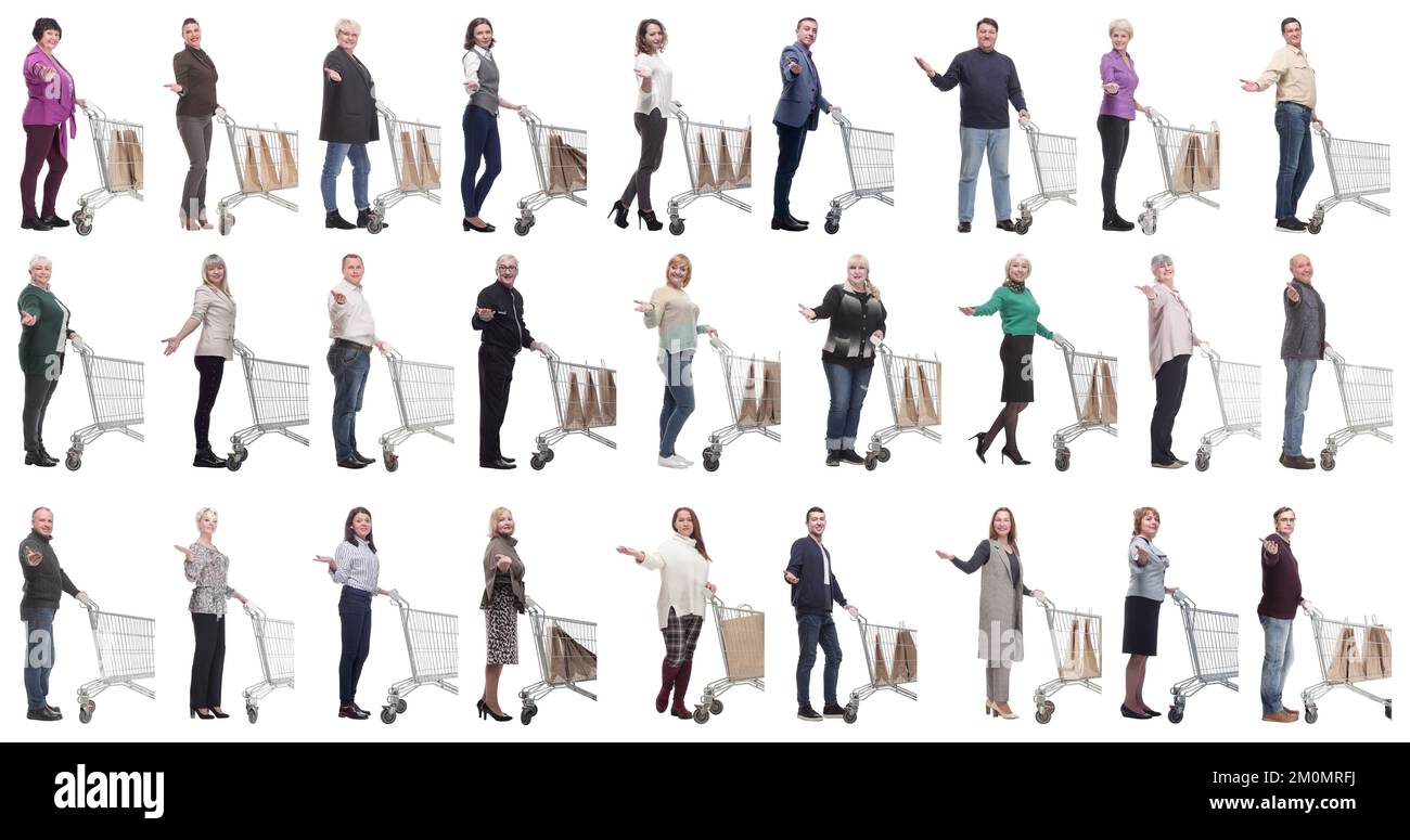 group of people with shopping cart on white Stock Photo - Alamy