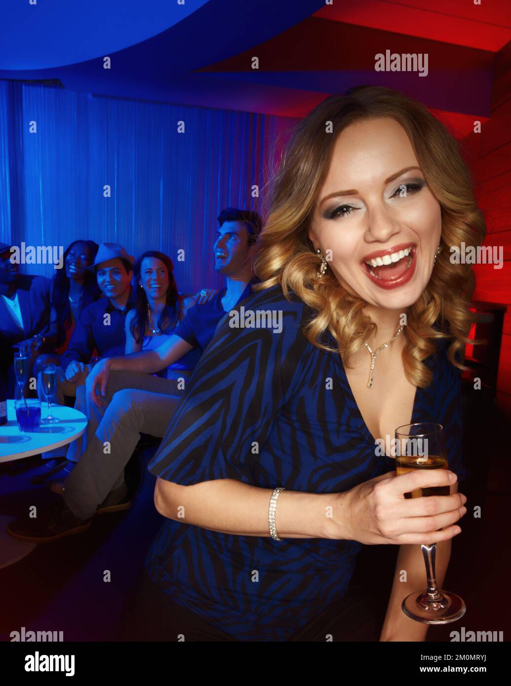 Woman, face or laughing with champagne glass in party, New Year ...