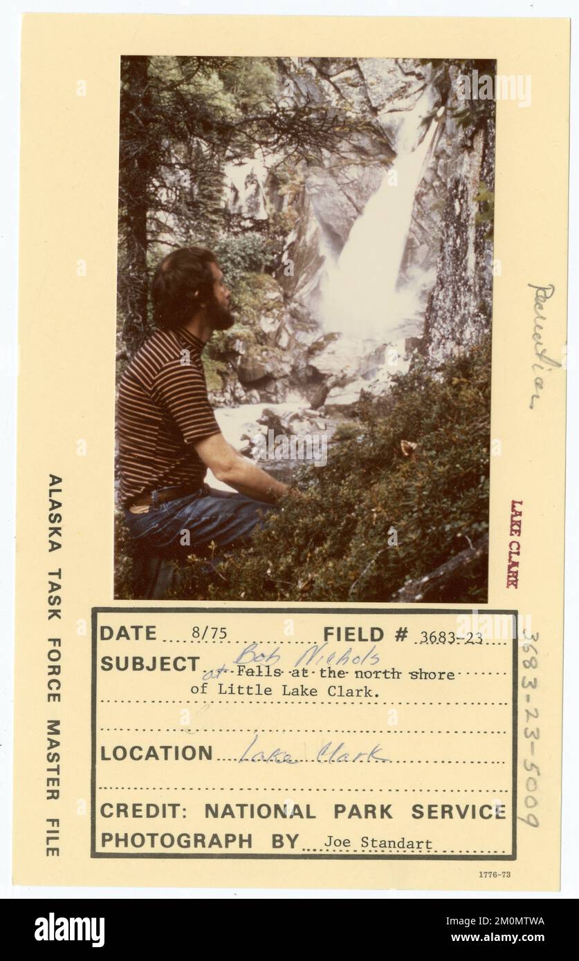 Bob Nichols at falls at the north shore of Little Lake Clark. Alaska ...
