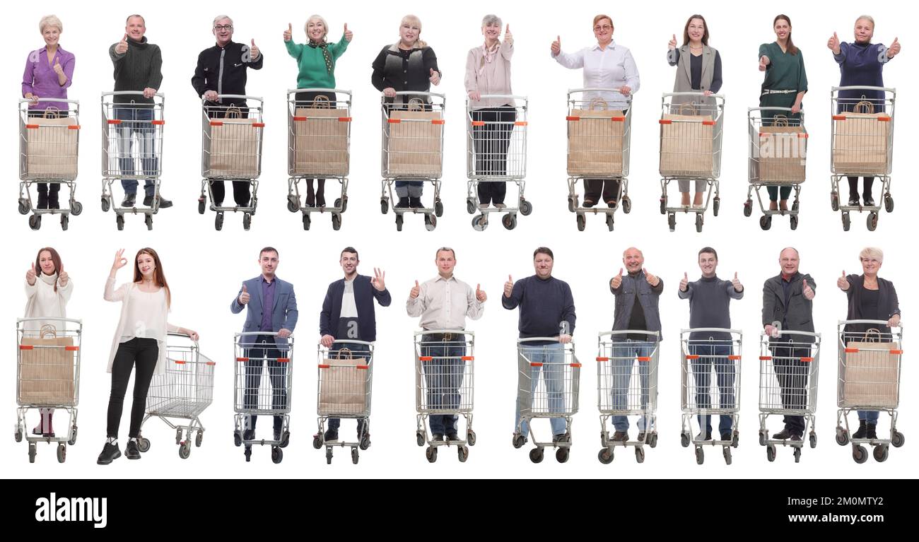 group of people with shopping cart showing thumbs up Stock Photo - Alamy