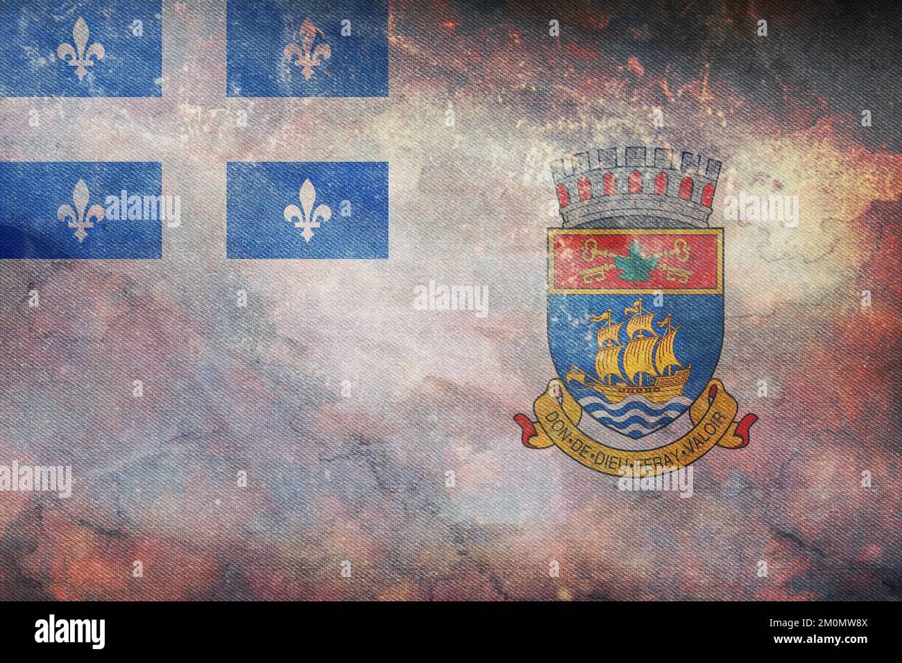 Top view of retro flag Quebec City 1967 1987 Canada with grunge texture ...