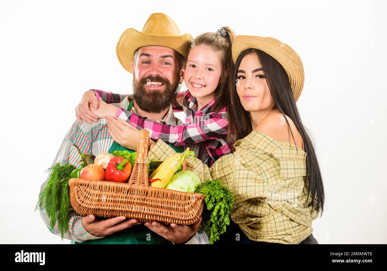 Family gardening. Parents and daughter farmers celebrate harvest ...