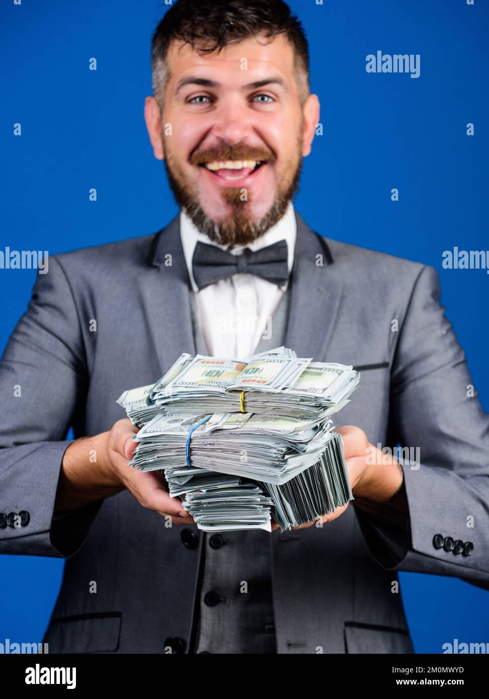 Get cash easy and quickly. Cash transaction business. Man happy winner ...