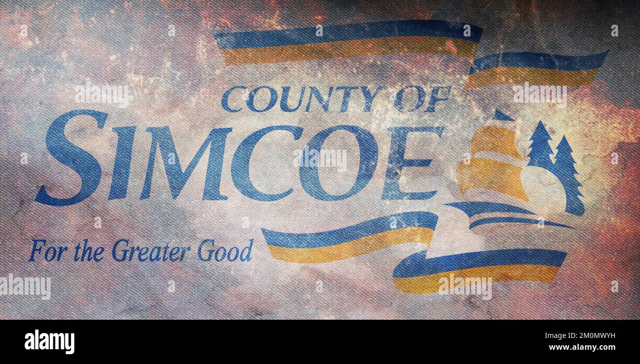 Top view of retro flag Simcoe County, Ontario Canada with grunge ...