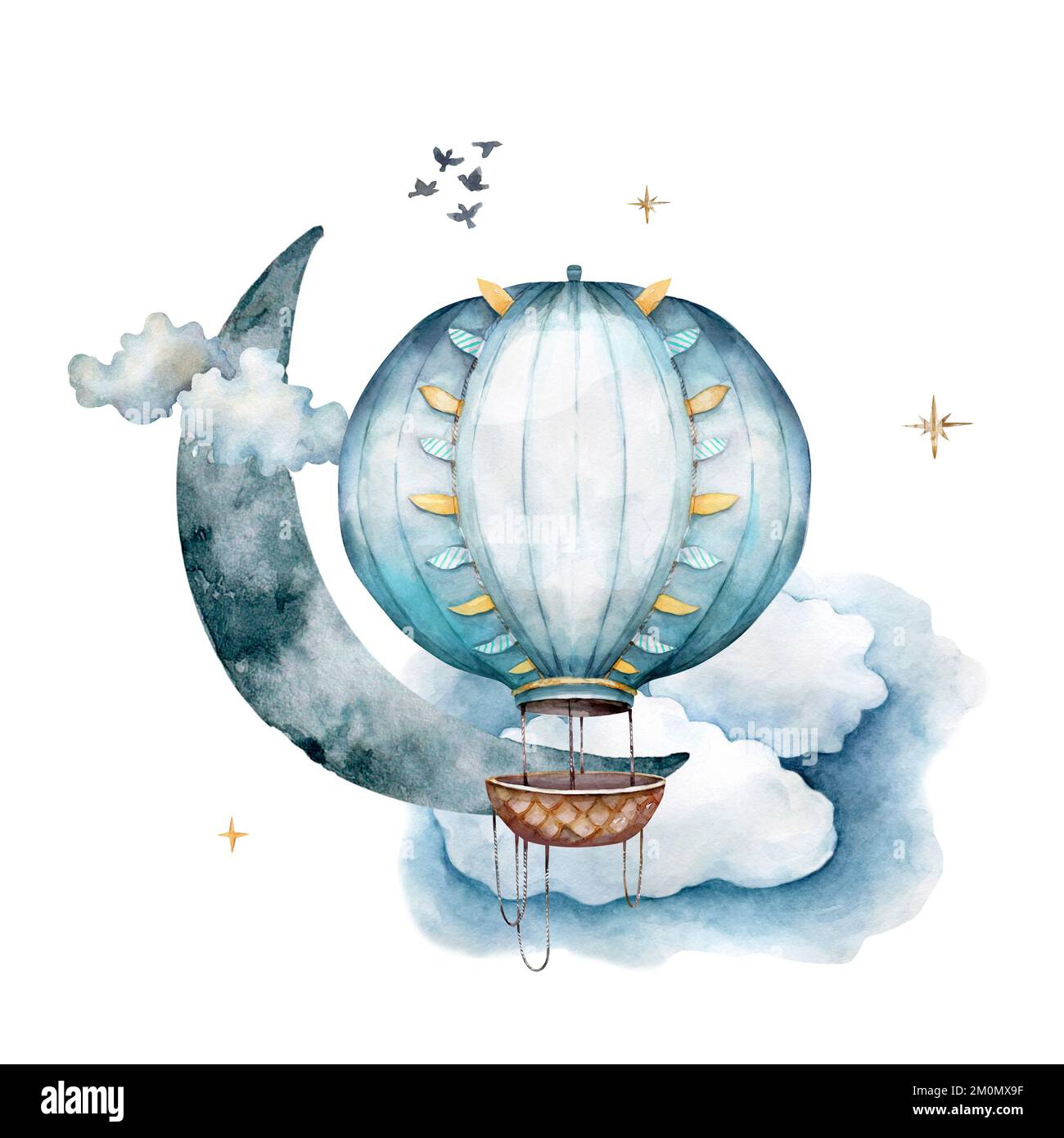 Ship with hot air balloon in the clouds under the moon and birds ...