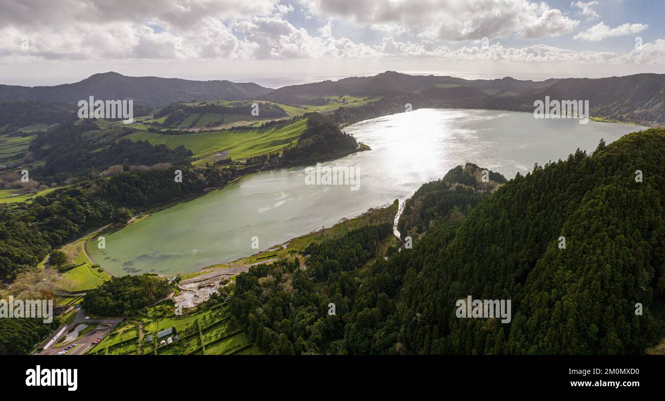 Crater lake Furnas on Sao Miguel Island, the largest volcanic island in ...