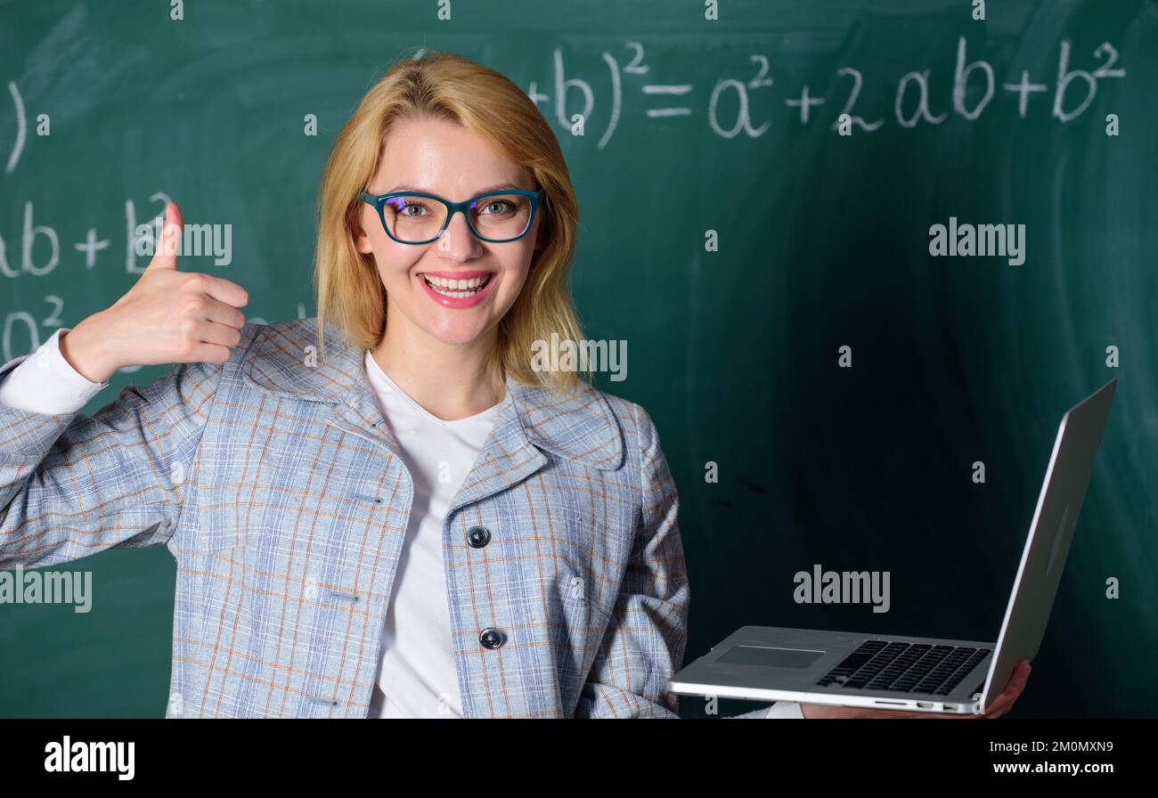 Woman wear eyeglasses holds laptop surfing internet. Great resource for ...