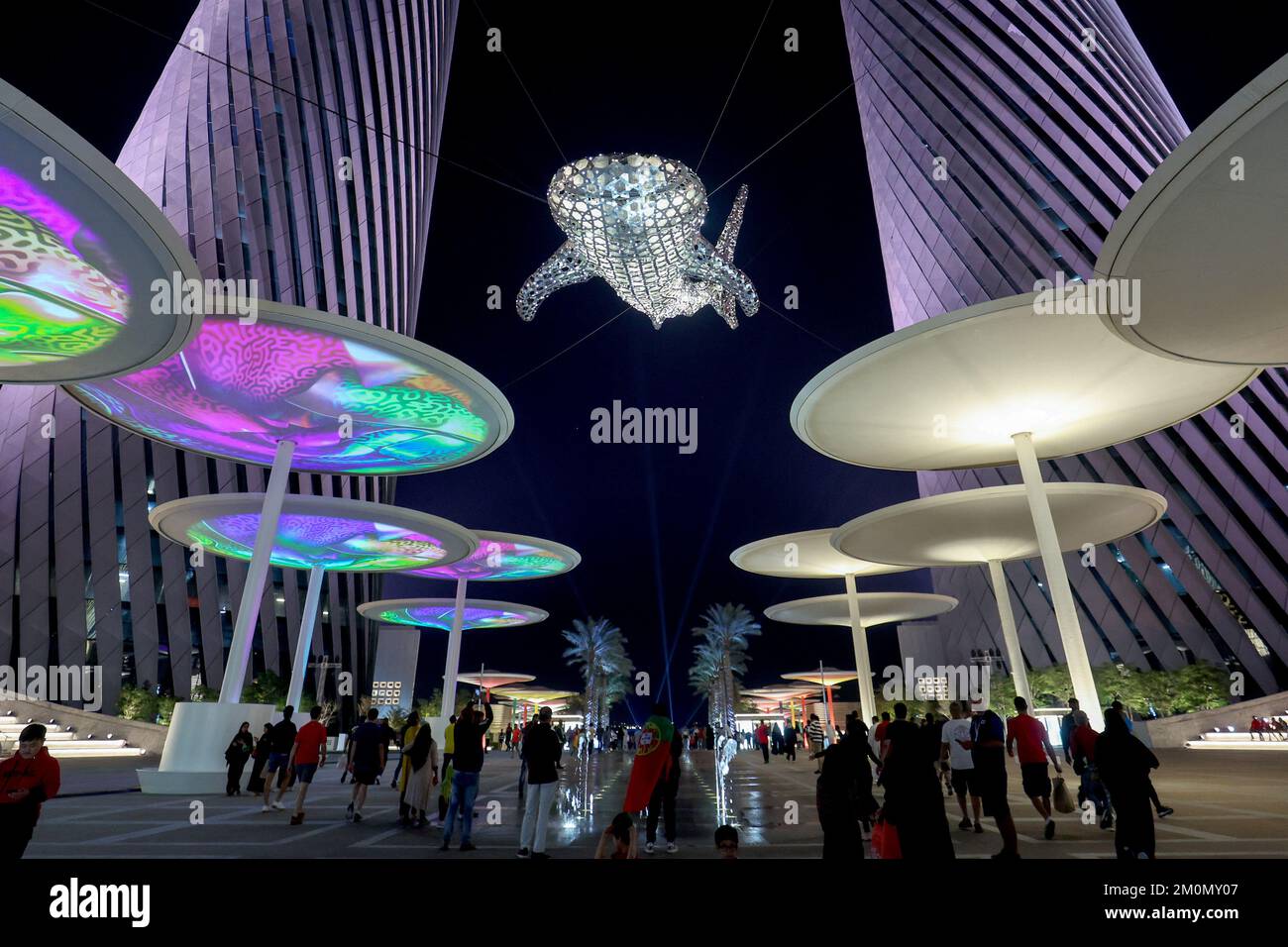 Lusail, Qatar, December 7, 2022. A 30-meter art installation of a whale ...