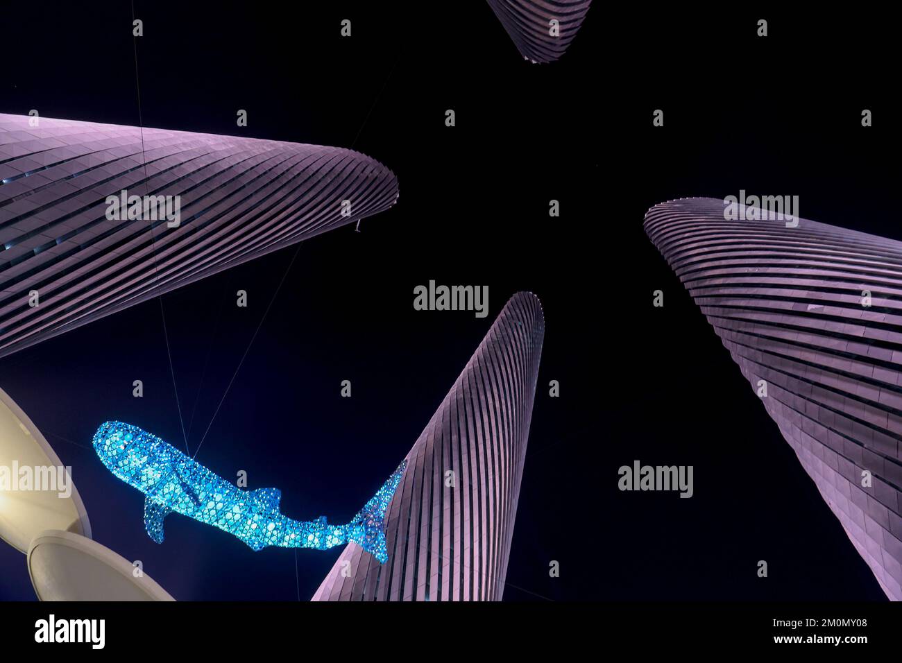 Lusail, Qatar, December 7, 2022. A 30-meter art installation of a whale ...