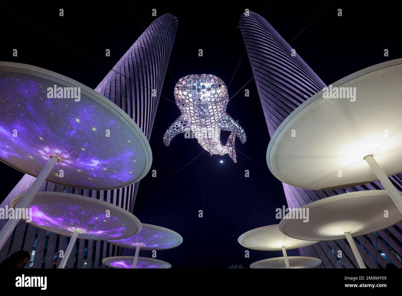 Lusail, Qatar, December 7, 2022. A 30-meter art installation of a whale ...
