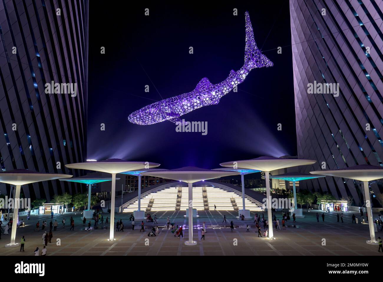 Lusail, Qatar, December 7, 2022. A 30-meter art installation of a whale ...