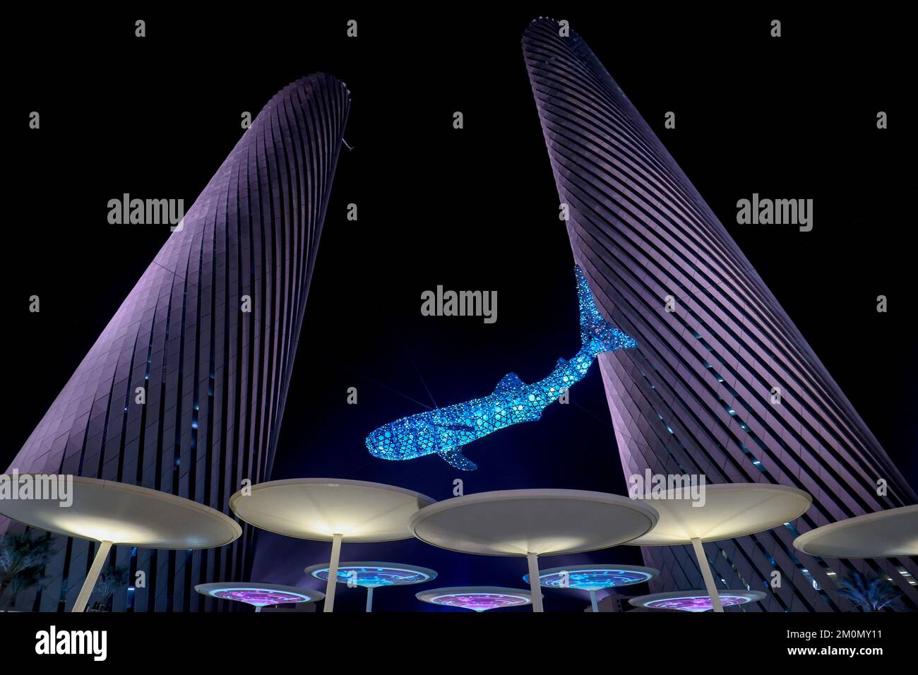 Lusail, Qatar, December 7, 2022. A 30-meter art installation of a whale ...