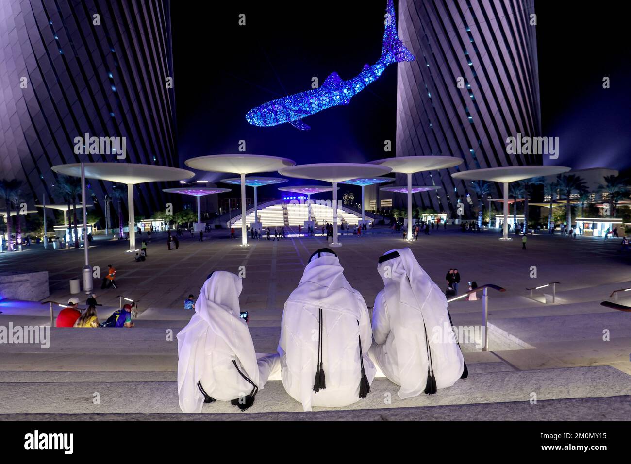 Lusail, Qatar, December 7, 2022. A 30-meter art installation of a whale ...