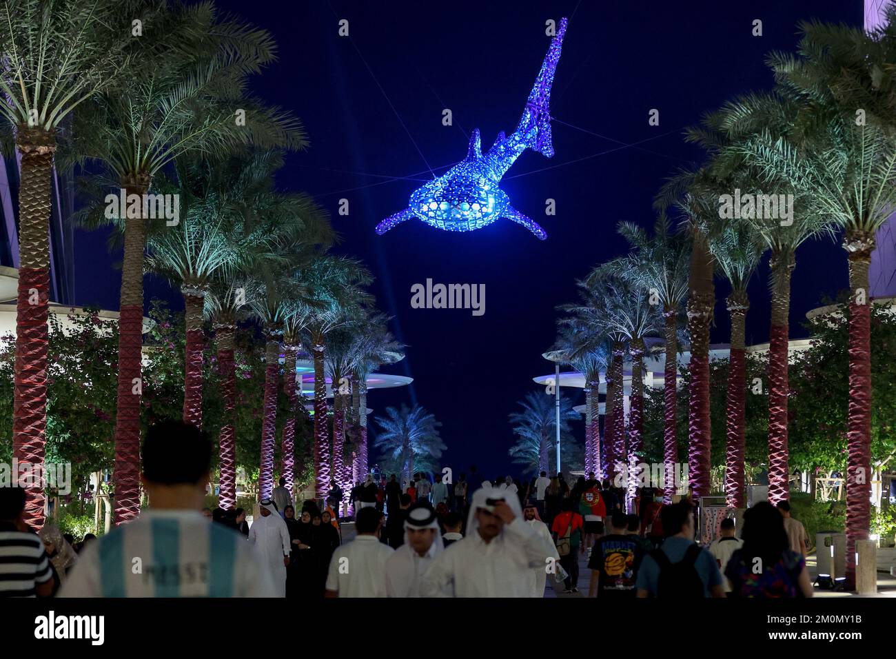 Lusail, Qatar, December 7, 2022. A 30-meter art installation of a whale ...