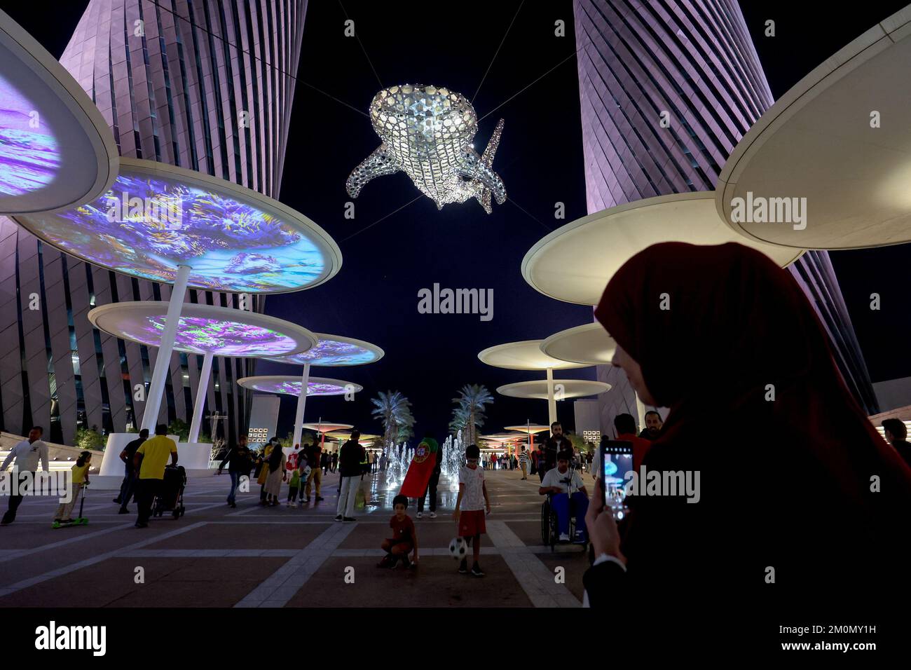 Lusail, Qatar, December 7, 2022. A 30-meter art installation of a whale ...