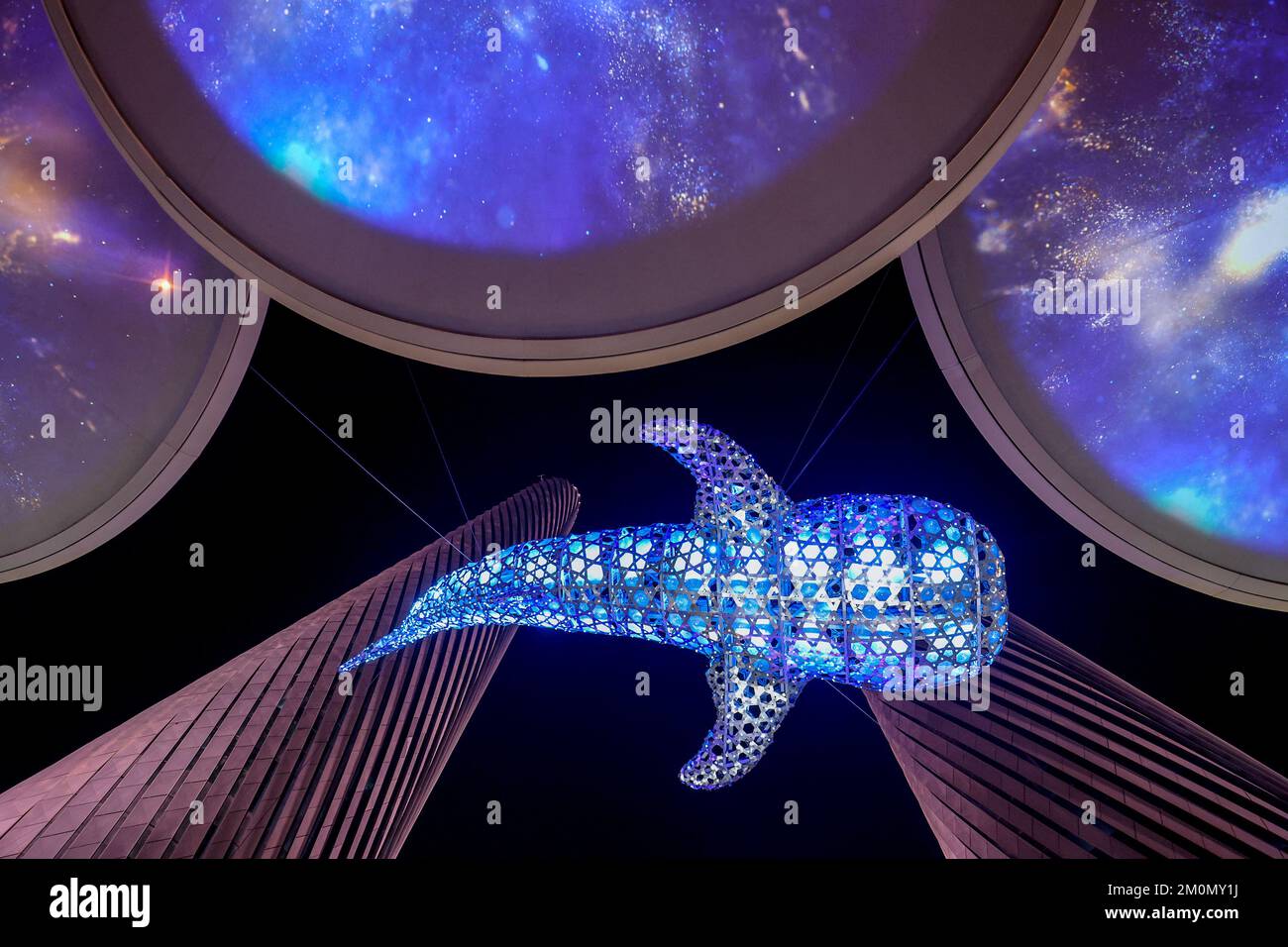 Lusail, Qatar, December 7, 2022. A 30-meter art installation of a whale ...