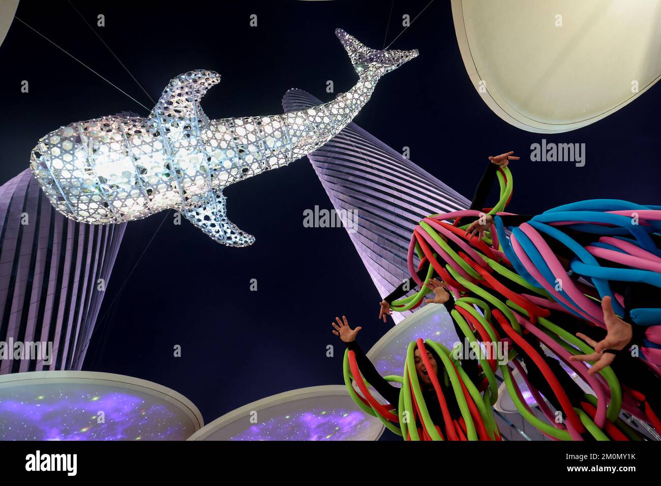 Lusail, Qatar, December 7, 2022. A 30-meter art installation of a whale ...