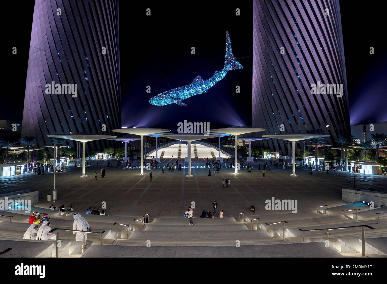 Lusail, Qatar, December 7, 2022. A 30-meter art installation of a whale ...