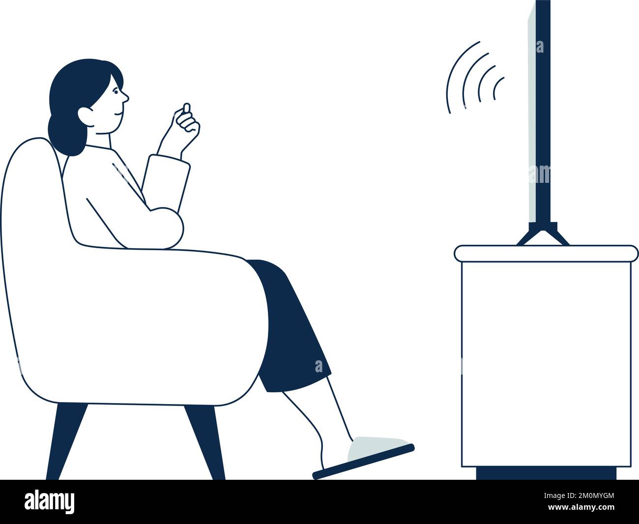 Woman sit on armchair and watching tv side view Stock Vector Image ...