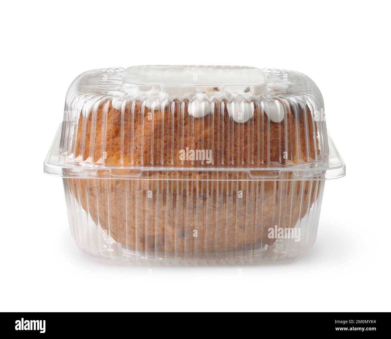Front view of bundt cake in transparent plastic container isolated on ...