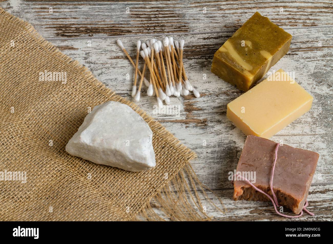 Ear sticks with craft soaps and salt rock. Spa and relax concept Stock ...