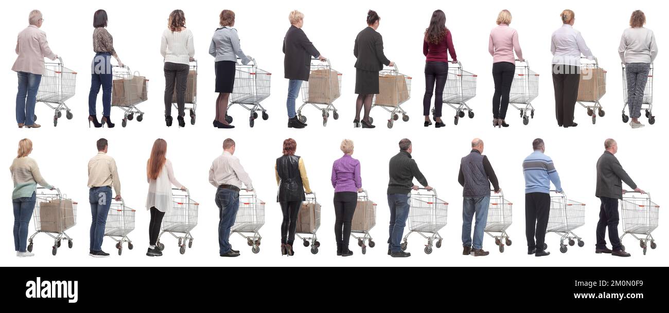 a group of people with a cart stand with their backs isolated Stock ...