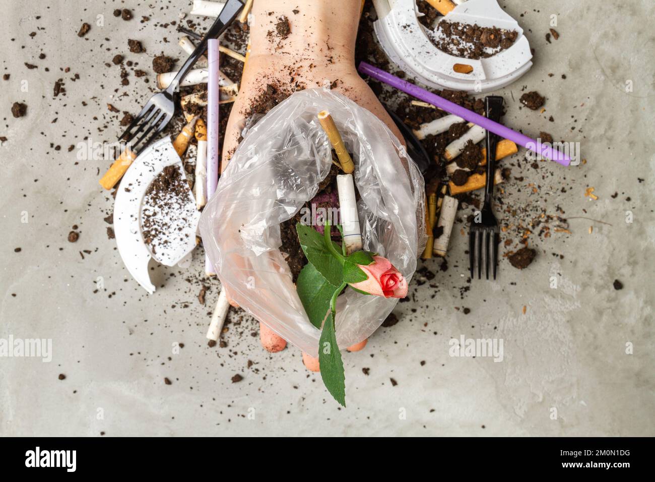 Close up hand holding plastic bag with rose flower and cigarettes Stock ...