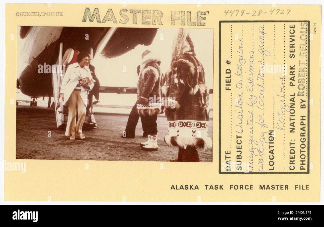 Visitor to Kotzebue being greeted by Eskimos working for local tour ...