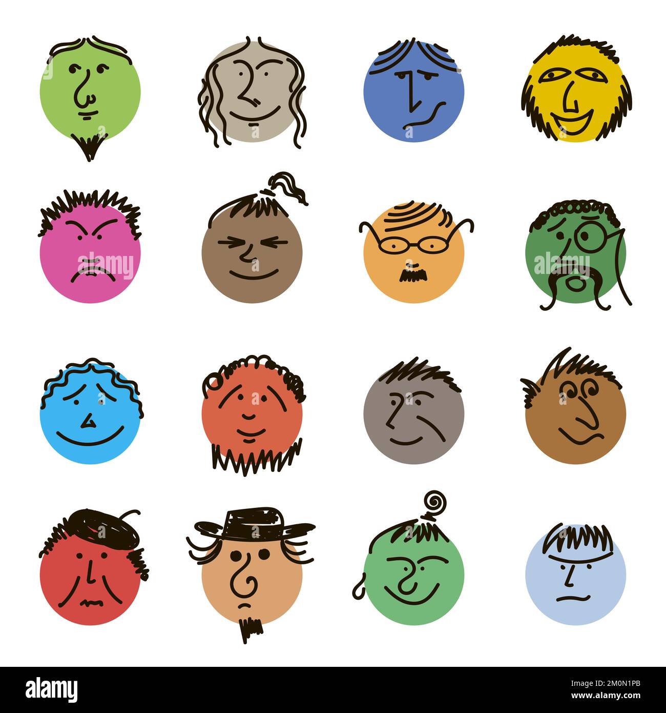 Colored Doodle Heads. Round comic Faces with various Emotions. Crayon ...