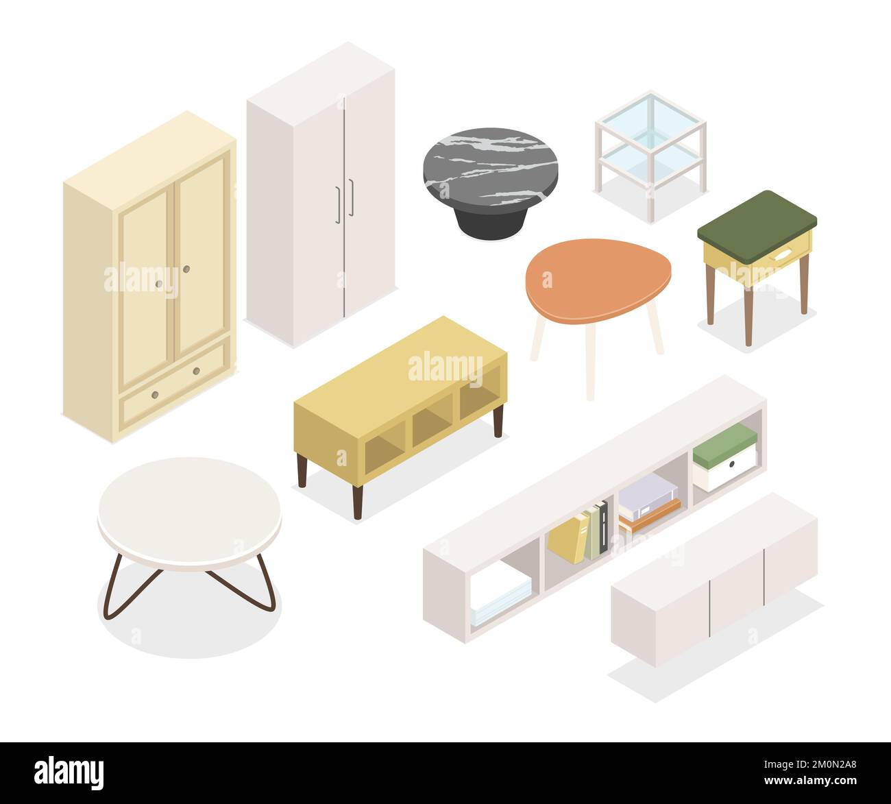 Wardrobes and table - modern vector isometric colorful elements Stock ...
