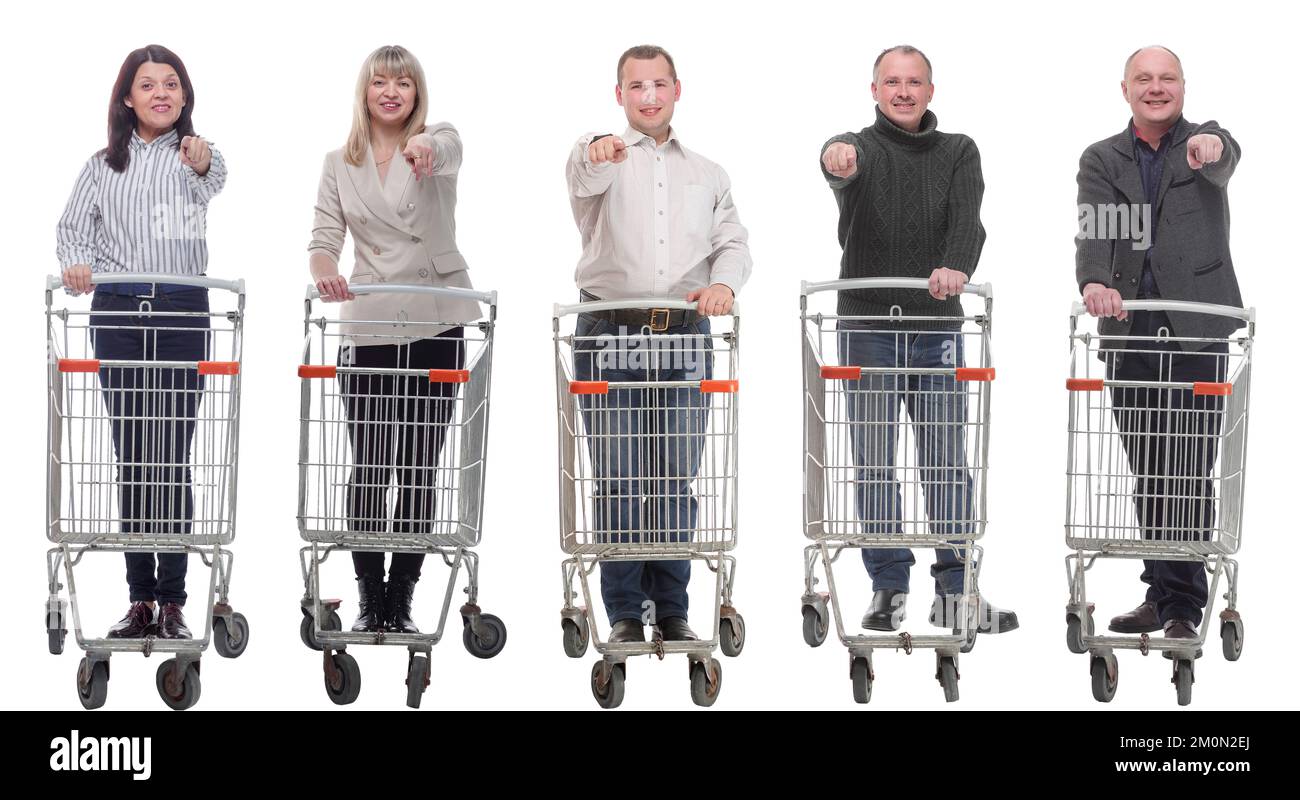 group of people with shopping cart showing thumbs up Stock Photo - Alamy