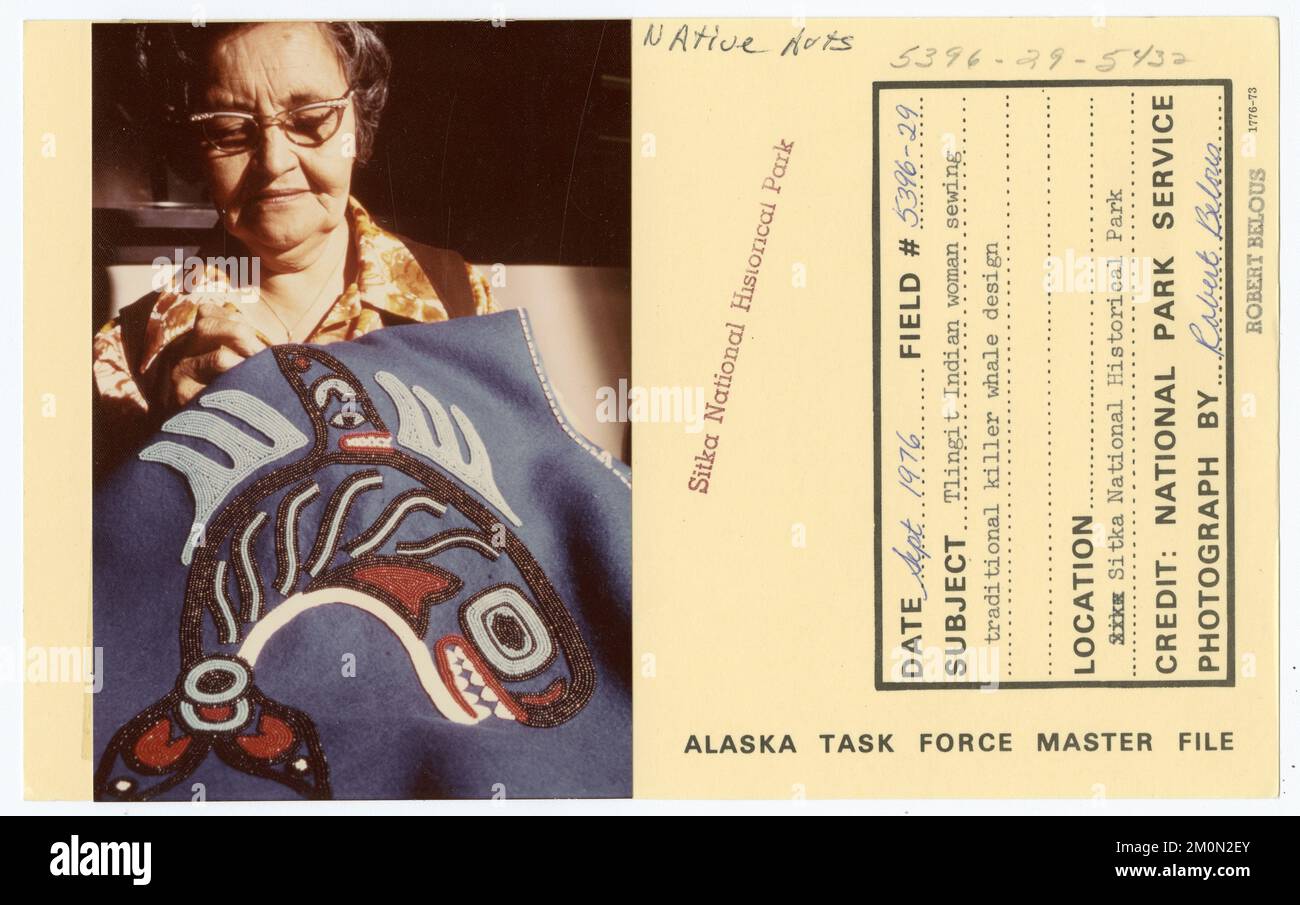 Tlingit Indian woman sewing traditional killer whale design. Alaska ...