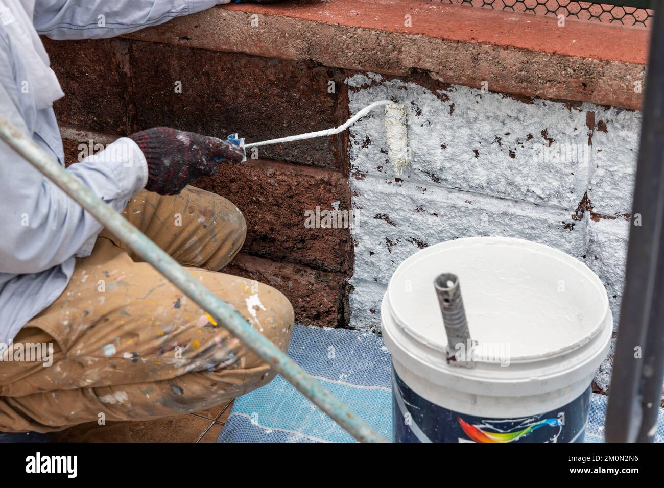 Painter worker adding undercoat foundation paint onto wall with roller ...