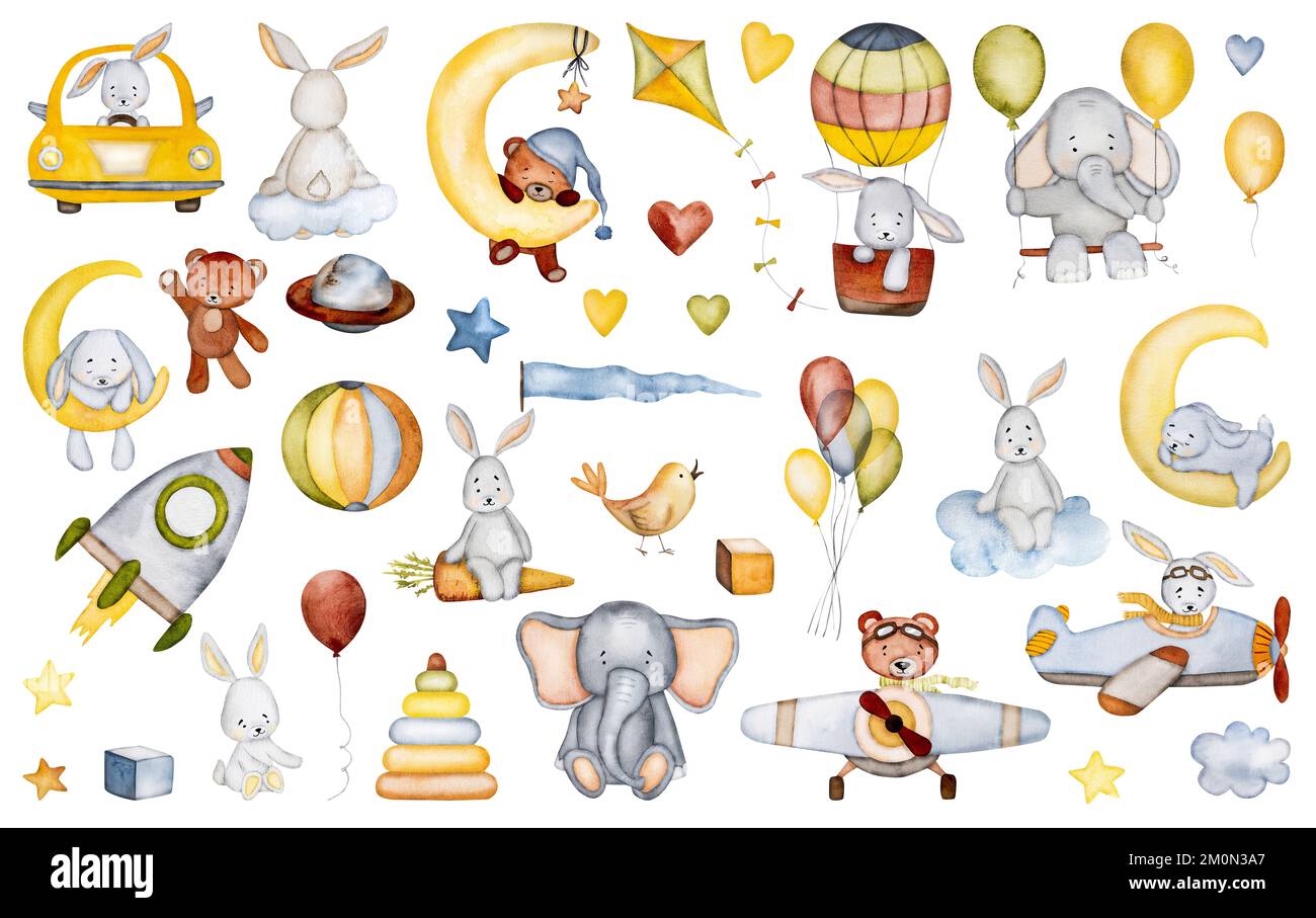 Cute watercolor bunny rabbit, elephant and bear paintings Stock Photo ...