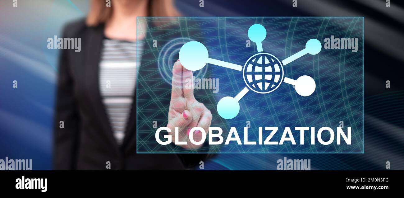 Woman touching a globalization concept on a touch screen with her ...