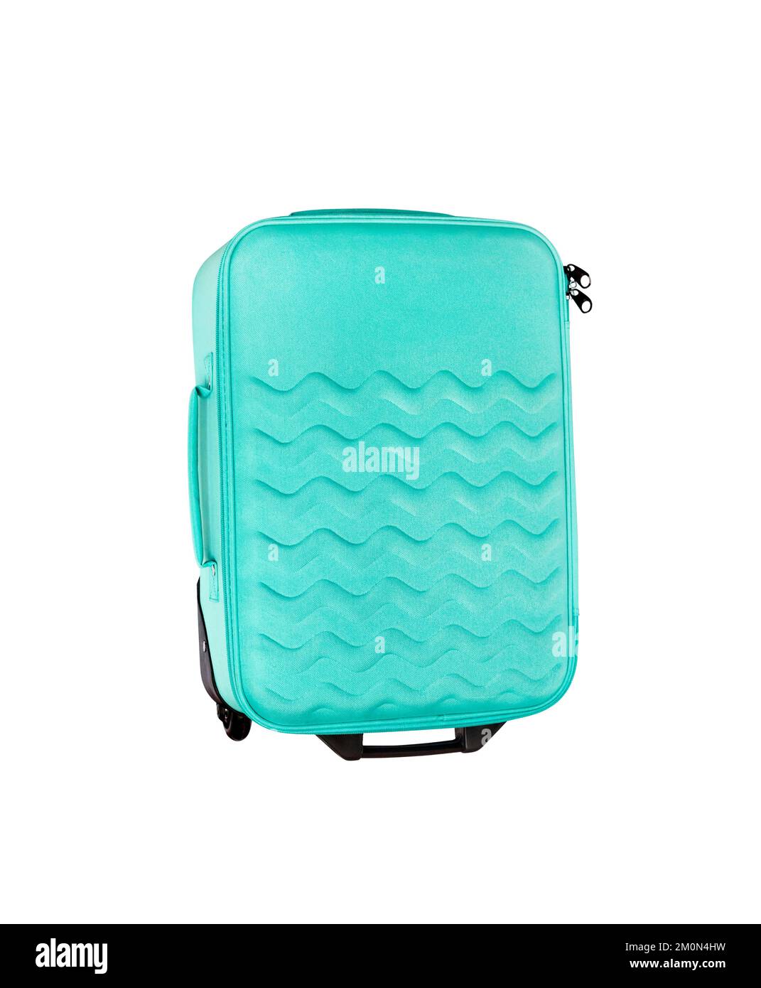Bright turquoise textile travel suitcase with wavy pattern isolated on ...