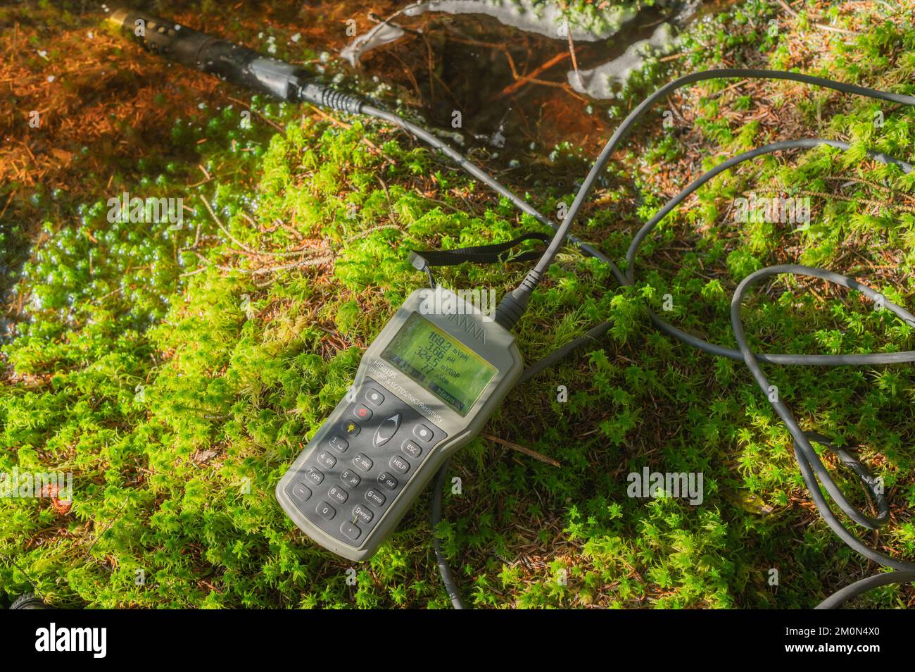 Hanna probe and meter measuring chemical proprties of water in the ...