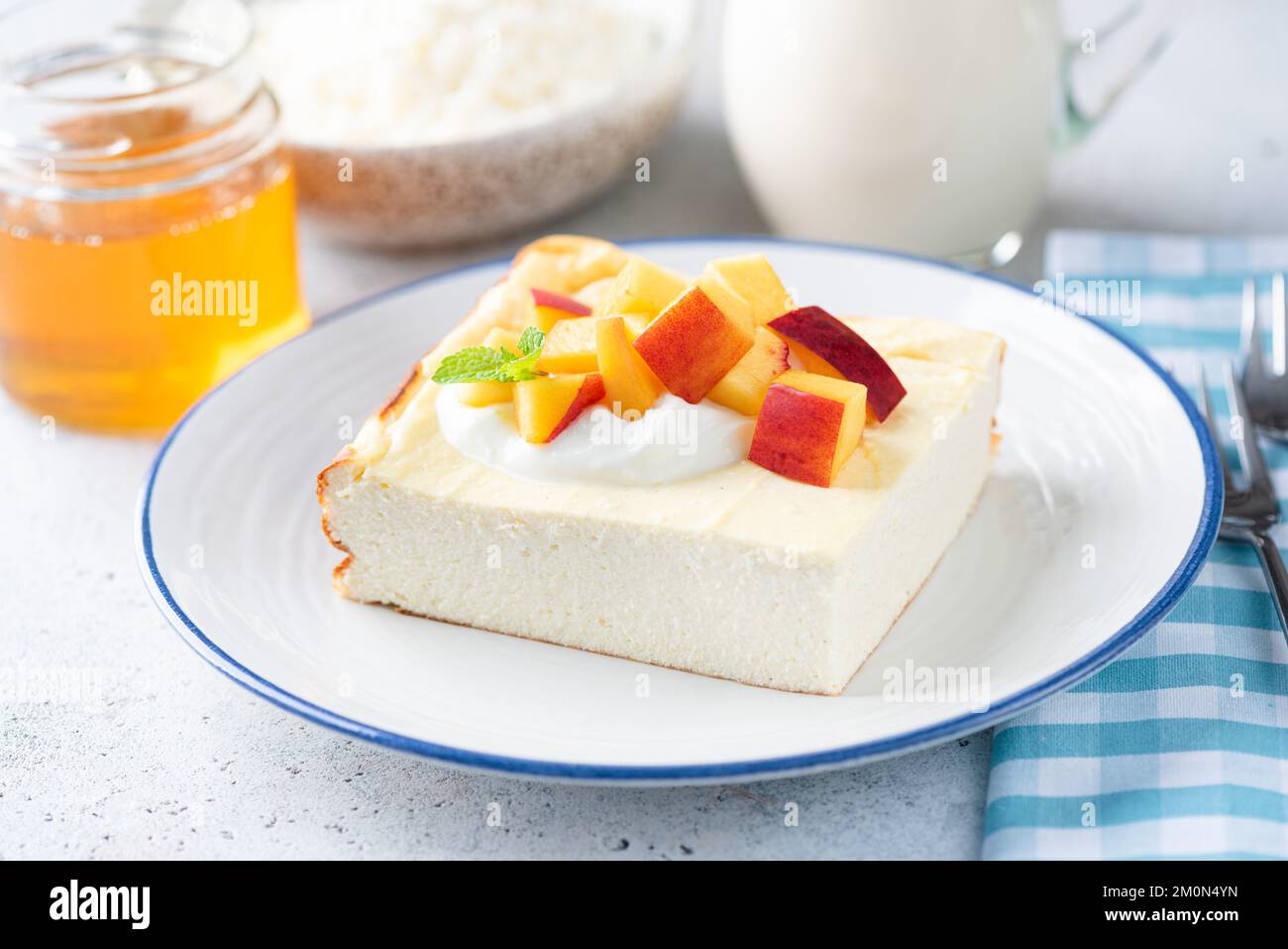 Cottage cheese casserole, zapekanka, ricotta breakfast cake served with ...