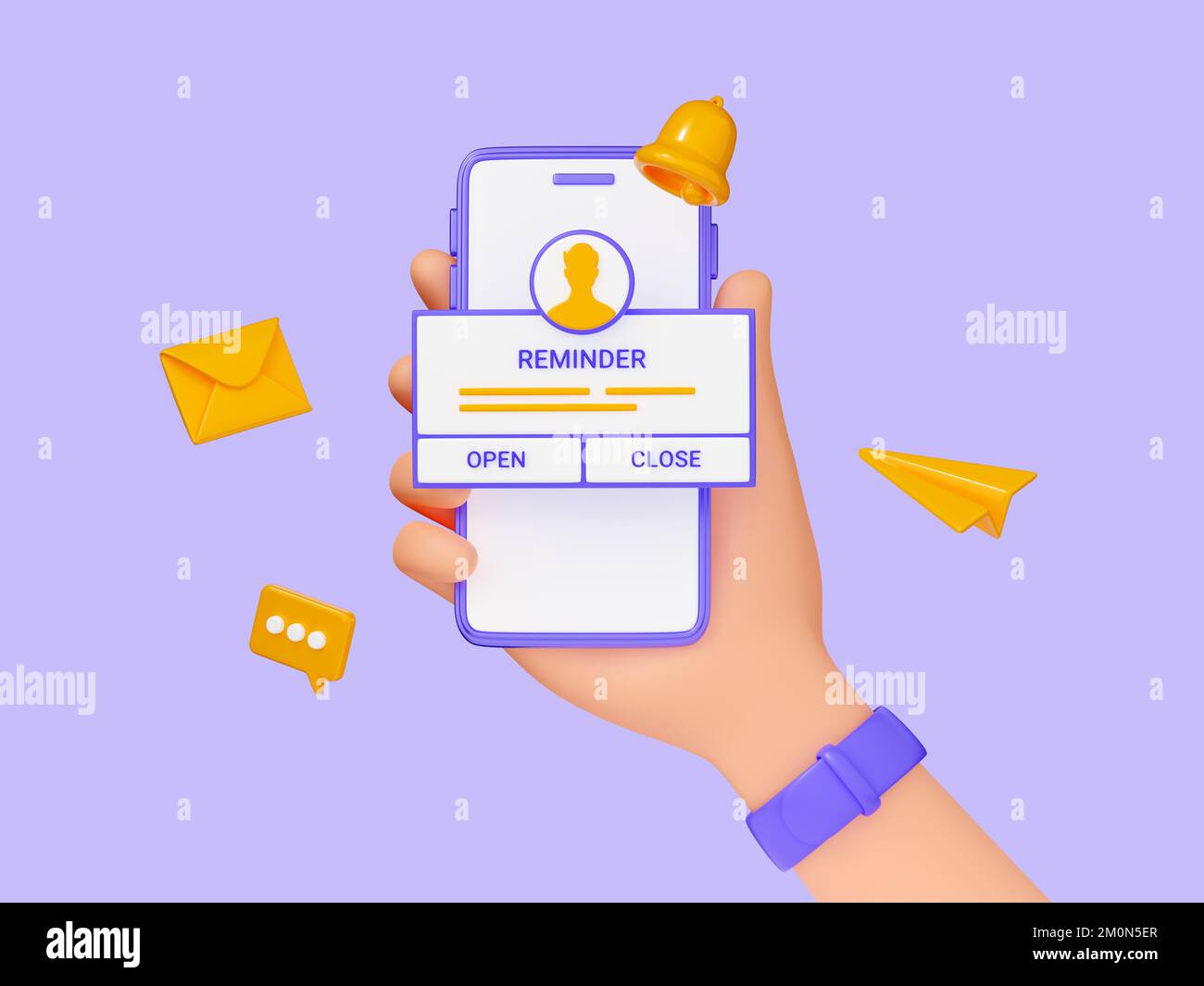 Reminder 3D render - mobile phone in hand with notification page and ...