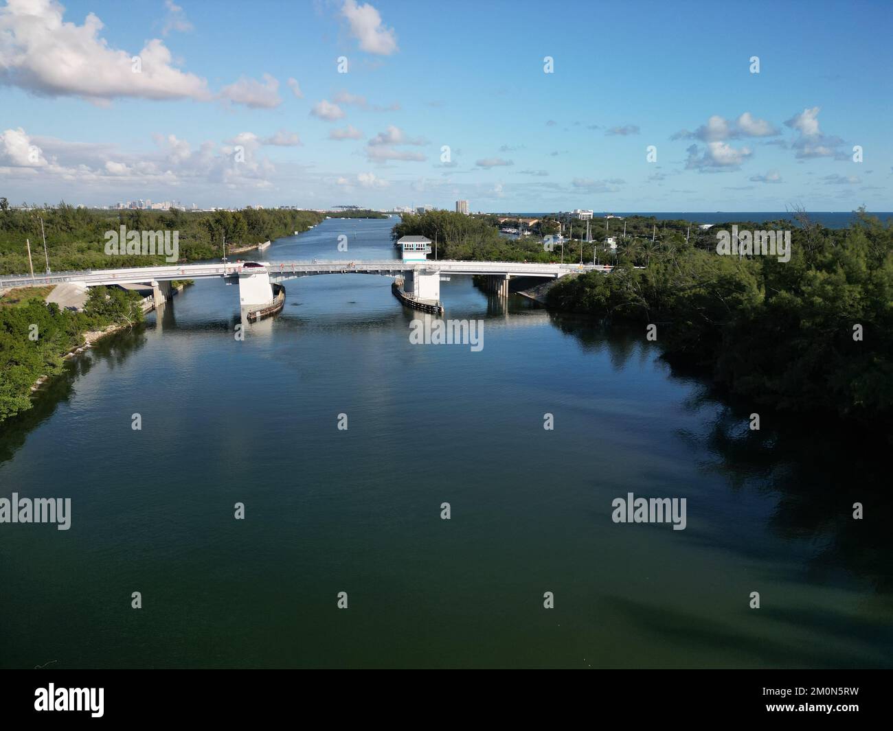 Aerial view of a drawbridge over the Intracoastal Waterway. Look ...