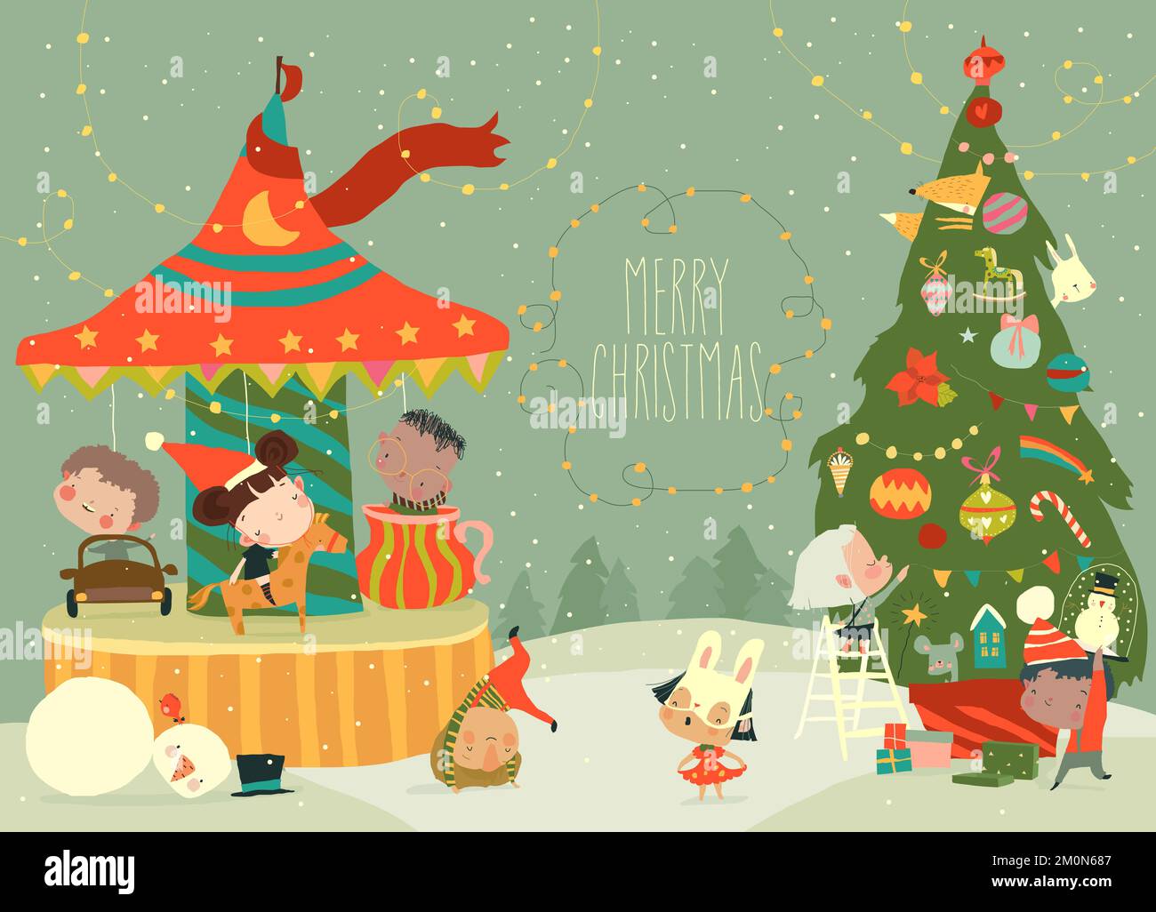 Happy Children riding Merry-go-Round in Christmas Amusement Park Stock ...
